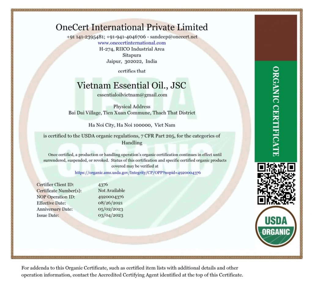 Organic Certificate - Essential Oil Vietnam